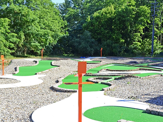 Mini-golf in Allegan proves you don't need fancy terrain for family fun. The course designer clearly understood that putting should be challenging enough without adding windmills.