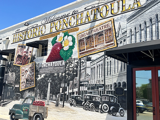 Ponchatoula's history comes alive in this spectacular mural, complete with the town's famous strawberry emblem—nature's candy with a Louisiana accent.