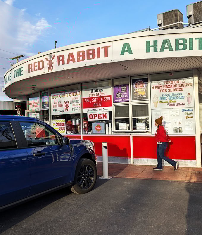 "Turn on 4-way hazard lights for service"&mdash;eight words that promise more satisfaction than most dating app profiles. Americana preserved in red and white. 