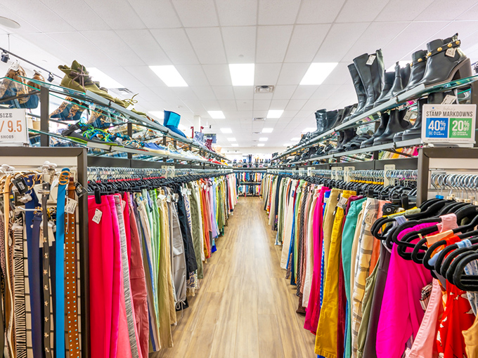 The pants section is organized with military precision, creating a rainbow of options that makes finding your size less like archaeology and more like shopping.
