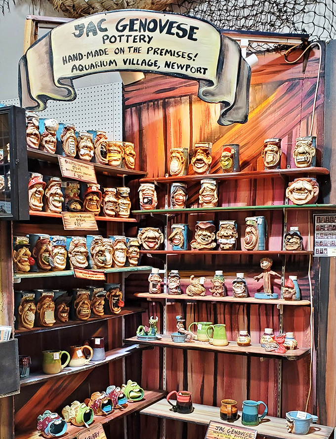 Jac Genovese's pottery display showcases handcrafted mugs with personality. These aren't just cups&mdash;they're morning companions with attitude! 