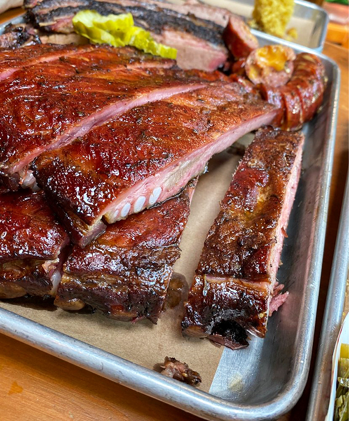 Ribs with bark so perfect they should be in a museum. That smoke ring is basically a halo&mdash;these ribs have achieved meat enlightenment.