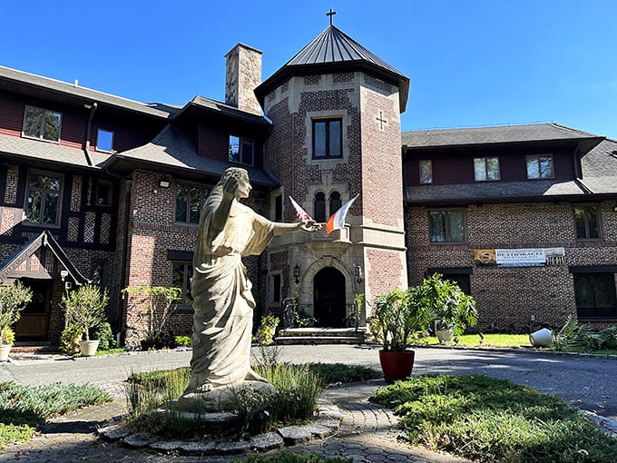 This isn't your typical garden statue &ndash; it's a reminder of the castle's varied past, including its time as a spiritual retreat center.