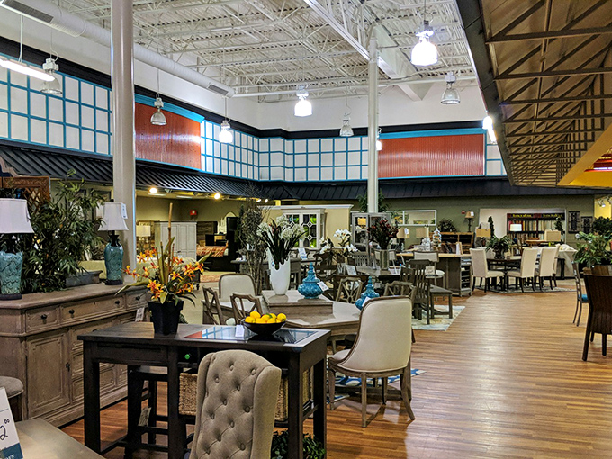 High ceilings and thoughtful displays transform furniture shopping from errand to experience. Even the artificial plants look like they're having a good time.