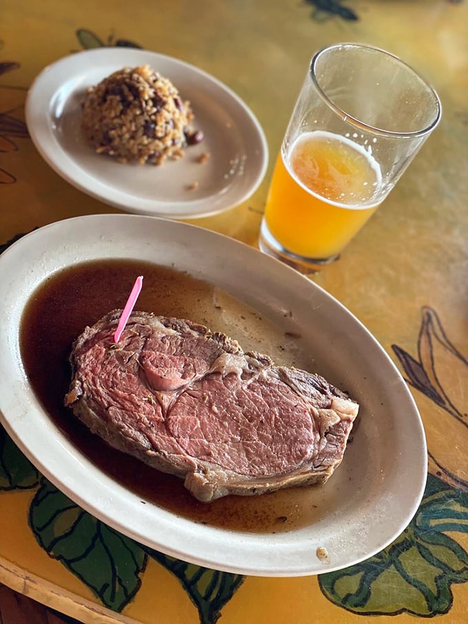Even landlubbers find happiness at Pickle Bill's – this prime rib with au jus proves the kitchen knows more than just seafood.