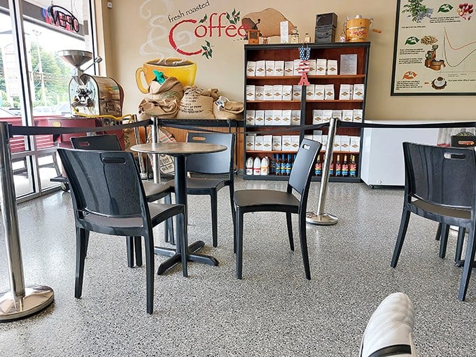 The coffee corner feels like that friend's kitchen where all the best conversations happen. Those shelves of beans aren't just inventory&mdash;they're possibilities waiting to be ground.