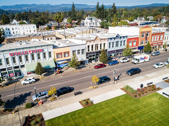 Dallas, Oregon delivers small-town America with a capital 'A'. Those trees offer shade for summer strolls between local shops.