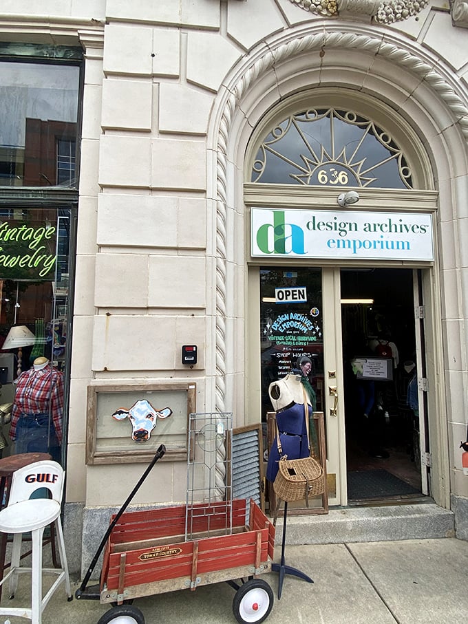 Design Archives' historic storefront looks straight out of a movie set. That red wagon outside perfectly captures the nostalgic treasures waiting inside.