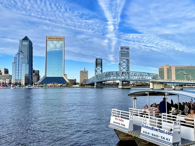 Jacksonville's skyline gleams against the St. Johns River. That water taxi looks like the perfect way to explore!