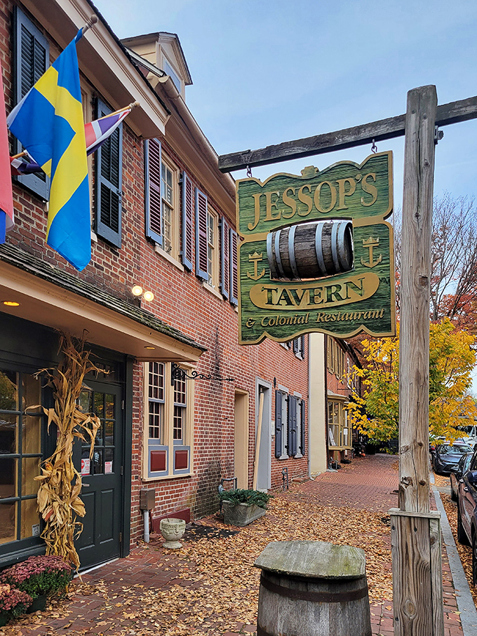 Jessop's wooden sign swinging above brick pathways strewn with autumn leaves&mdash;a timeless scene for a timeless meal.