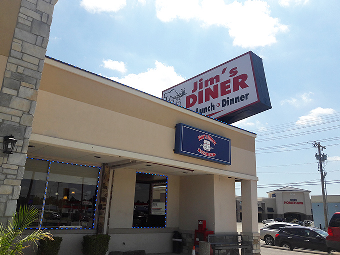 Jim's Diner's stone facade and cheerful sign promise the kind of breakfast that makes mornings worth facing.