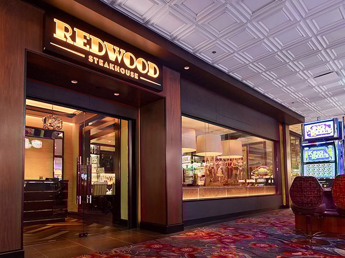 Redwood Steakhouse's elegant entrance channels old Vegas glamour when the Rat Pack knew where to find the best cuts.