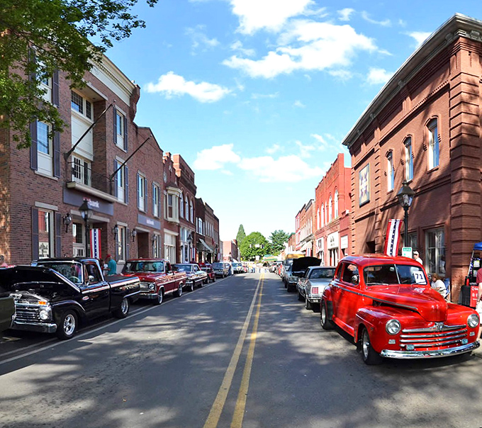 Classic cars line Rogersville's main street during community events, adding vintage charm to an already timeless setting.