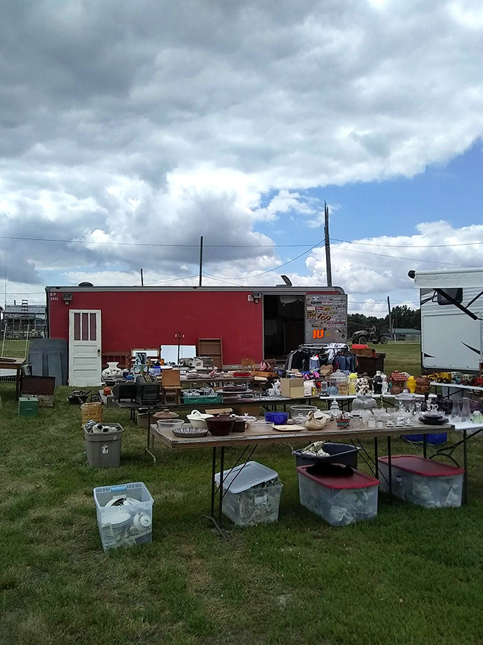 Rural treasure hunting at its finest! Tables laden with curiosities spread across the grass under an ever-changing Missouri sky.