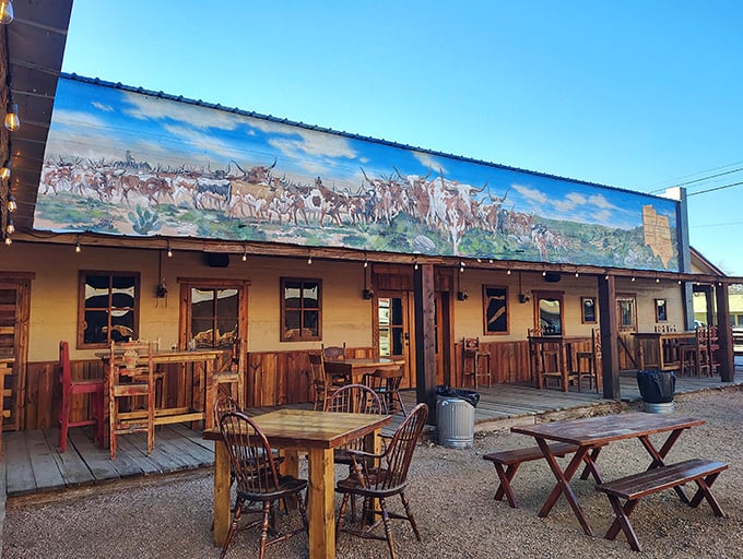 Wooden tables under the Texas sky &ndash; where your steak comes with a side of authentic frontier atmosphere.
