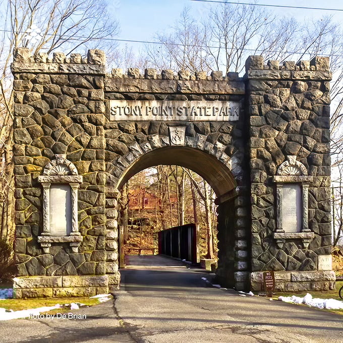 Stony Point's castle-like park entrance promises affordable adventures beyond. Your retirement kingdom awaits!
