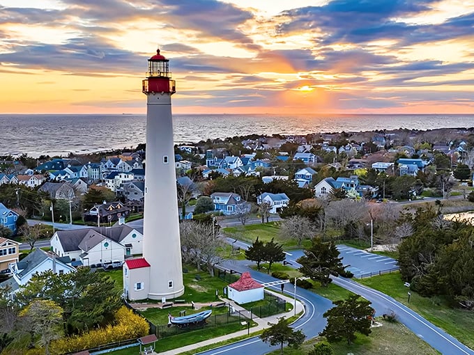 Sunset paints Cape May's lighthouse in golden hues&mdash;much like the golden years you can afford to enjoy here.