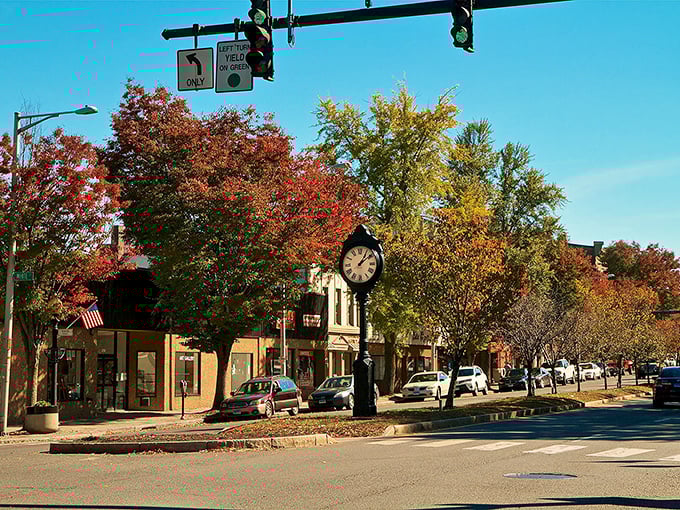 This Danbury street scene showcases the city's classic New England character, with fall foliage framing the downtown clock.