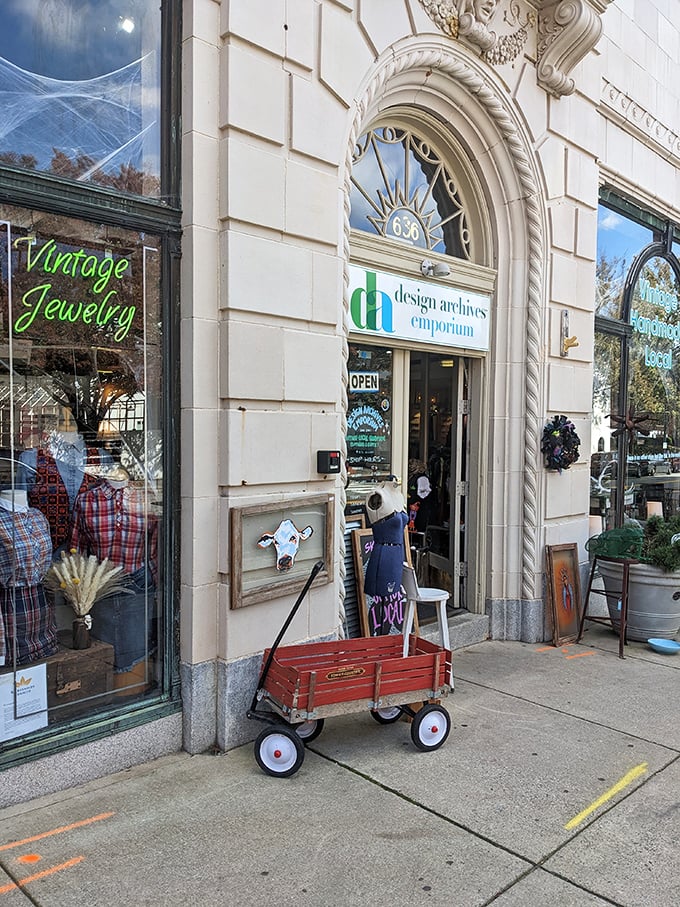 Architectural details frame this vintage emporium's entrance like a portal to the past. Inside, curated collections span decades of design history.