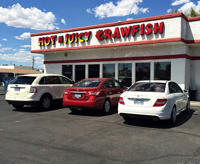 The red and white exterior of Hot N Juicy Crawfish promises Cajun flavors that'll make you forget you're in the Nevada desert.