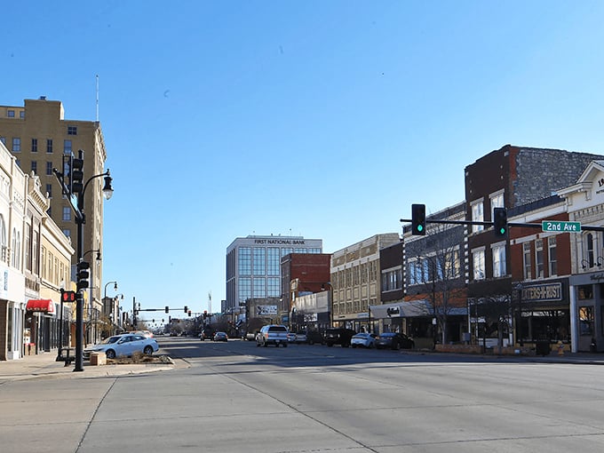 Historic buildings line Hutchinson's main street, housing affordable shops where your Social Security check maintains its purchasing power with dignity.