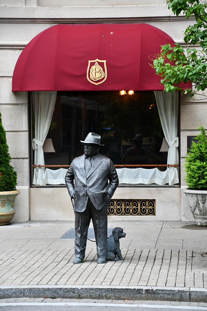 That dapper gentleman statue guards the entrance to breakfast royalty. The Brown Hotel doesn't just serve morning meals&mdash;it serves Louisville history on a silver platter!