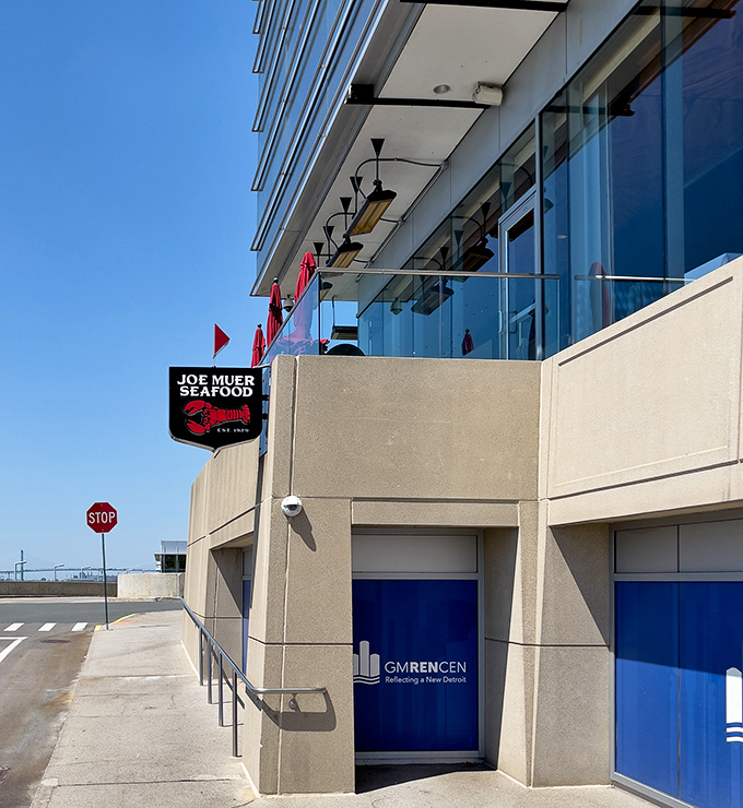 The sleek modern entrance to Joe Muer Seafood offers a contemporary twist on Detroit's most venerable seafood tradition.