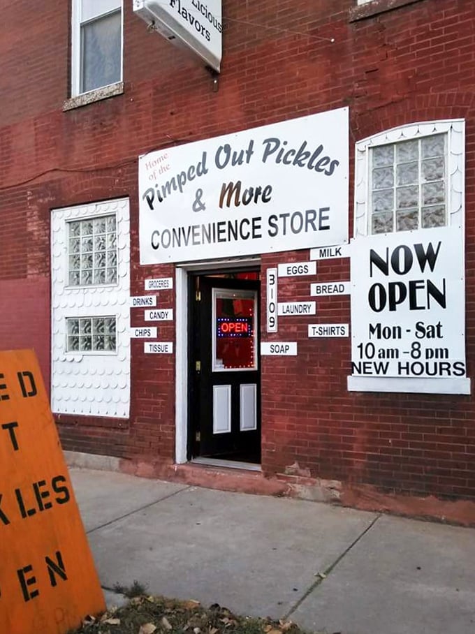 The unassuming exterior of Pimped Out Pickles gives no hint of the flavor explosion waiting inside. Missouri's wildest pickle adventure begins here.