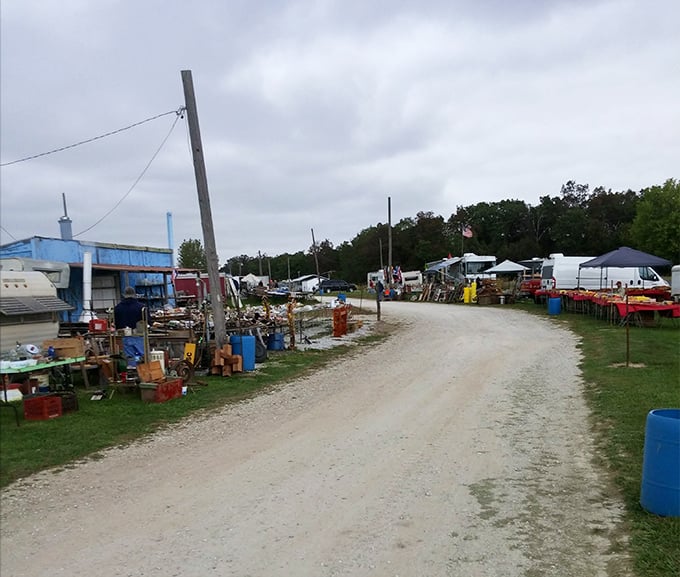 The authentic country flea market experience unfolds along a dusty path. Every trailer and tent holds potential discoveries.