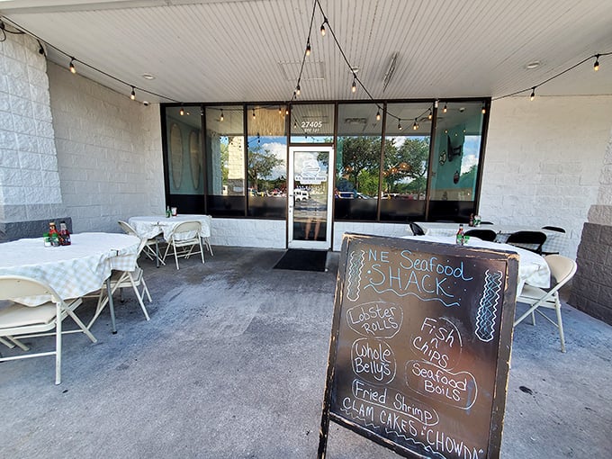 String lights and outdoor tables create an instant party atmosphere. The seafood is the guest of honor.