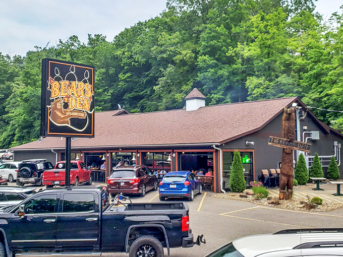 The Bear's Den's rustic cabin vibes and forest setting&mdash;where steaks and nature find perfect harmony.