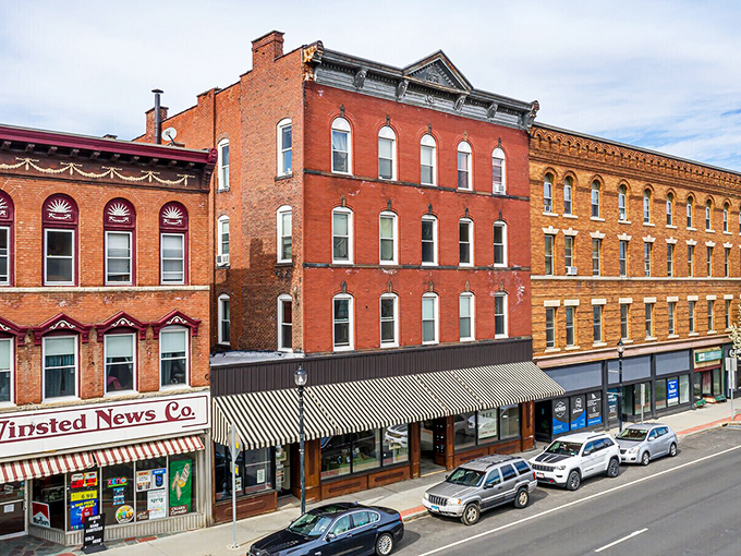 Torrington's fountain and park benches invite affordable afternoon strolls&mdash;retirement living at its most pleasant. 