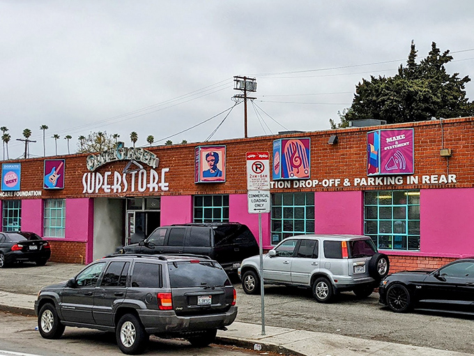 The unmistakable hot pink facade of Out of the Closet in Glassell Park announces itself like a beacon for bargain hunters and treasure seekers alike.