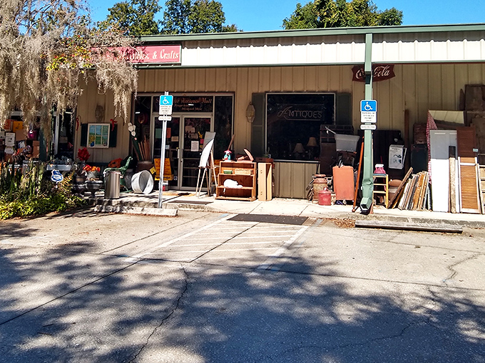 The unassuming exterior of Sugar Bear Antiques hides a universe of treasures, like finding the TARDIS of vintage shopping in Jacksonville.