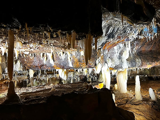 Nature's own chandelier factory has been hard at work for millennia, crafting these delicate stalactites that dangle like prehistoric icicles frozen in time.