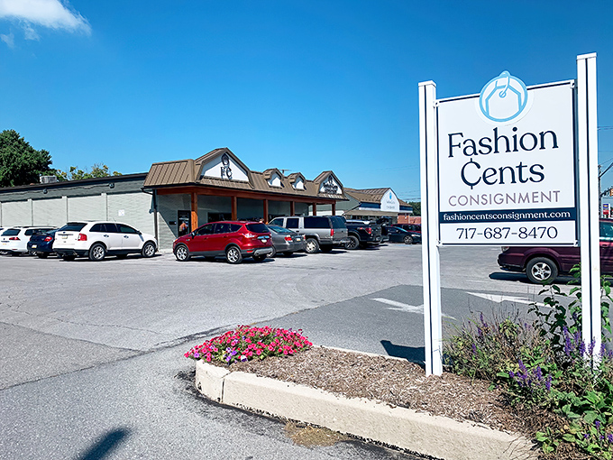 Welcome to bargain paradise! Fashion Cents Consignment in Strasburg stands proudly against Pennsylvania's blue skies, where treasure hunters' vehicles fill the parking lot daily.