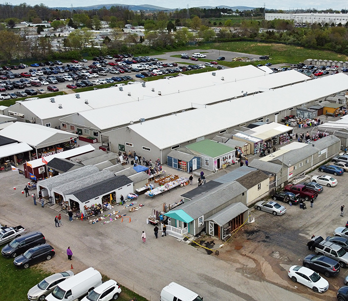 The aerial view reveals Morning Sun Marketplace's impressive scale&mdash;a treasure hunter's paradise where parking lots fill early with eager bargain seekers.
