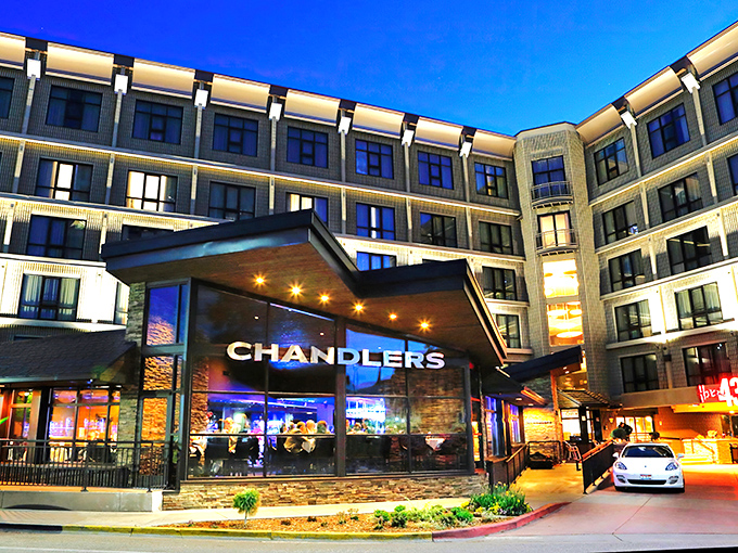 Chandlers' striking modern exterior stands like a beacon of culinary promise against Boise's skyline. The angular entrance practically whispers, "Important food decisions happen here."