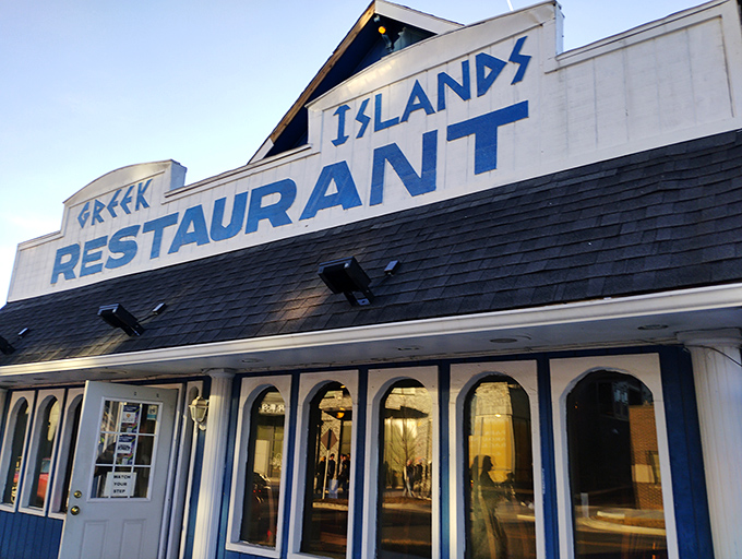 The iconic blue and white facade of The Greek Islands Restaurant stands like a Mediterranean mirage in Indianapolis, promising culinary adventures without the passport hassle.