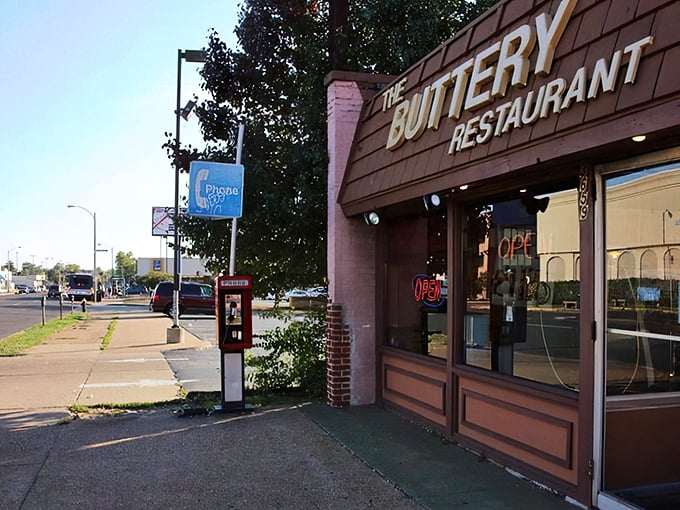 The unassuming brown exterior of The Buttery Restaurant stands as a beacon to breakfast aficionados who know that culinary treasures often hide in plain sight.