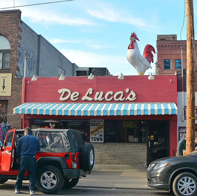 The unmistakable red awning of DeLuca's welcomes hungry pilgrims to this Strip District institution. Breakfast paradise awaits!