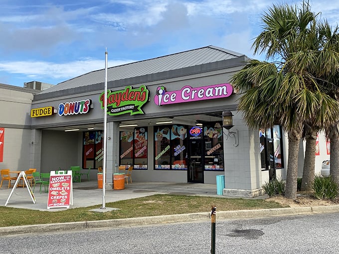 The neon glow of Kayden's at night is like a lighthouse for sweet-toothed sailors navigating the hunger seas of Orange Beach.