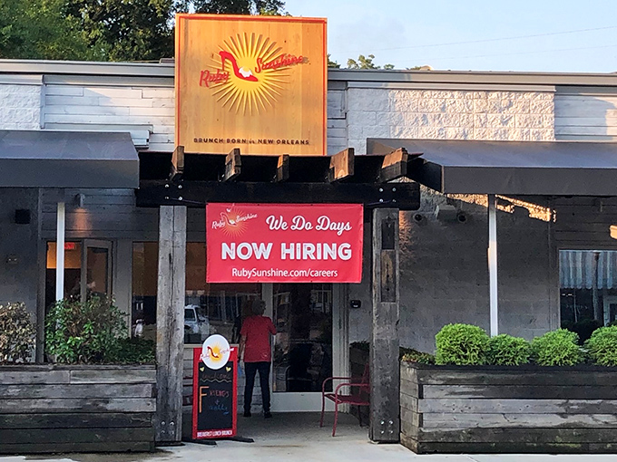 Ruby Sunshine's welcoming exterior invites you in with its modern-rustic charm, promising breakfast delights that'll make hitting the snooze button your morning's biggest regret. 