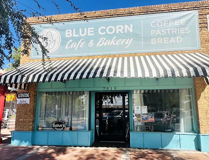 The charming turquoise storefront with its classic black-and-white striped awning stands out like a culinary oasis in historic downtown Glendale.