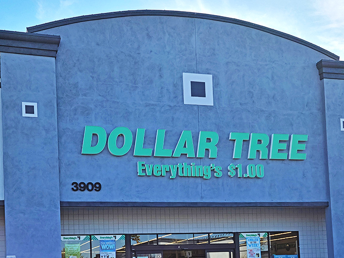 The emerald beacon of bargains! Dollar Tree's distinctive green signage stands out against the Arizona sky, promising air-conditioned relief and wallet-friendly treasures inside.