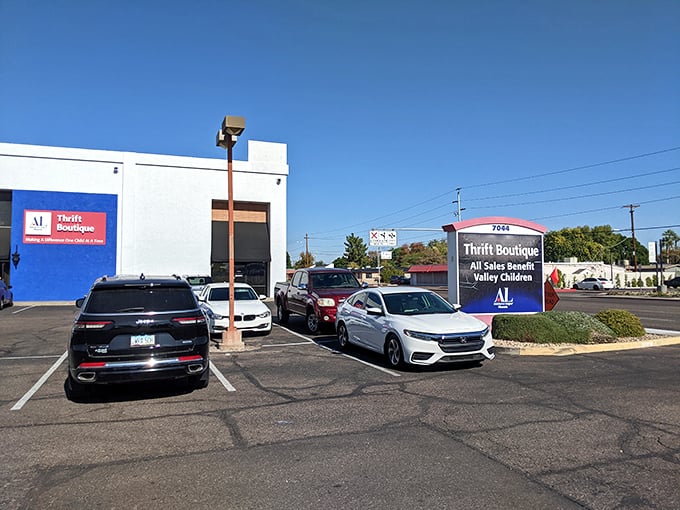 The bright blue facade stands out like a sapphire in the desert, promising air-conditioned treasure hunting inside. No mirage here&mdash;just bargains!