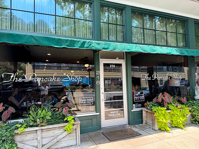 The iconic green storefront of The Pancake Shop stands as a beacon of breakfast hope on Central Avenue in Hot Springs. 