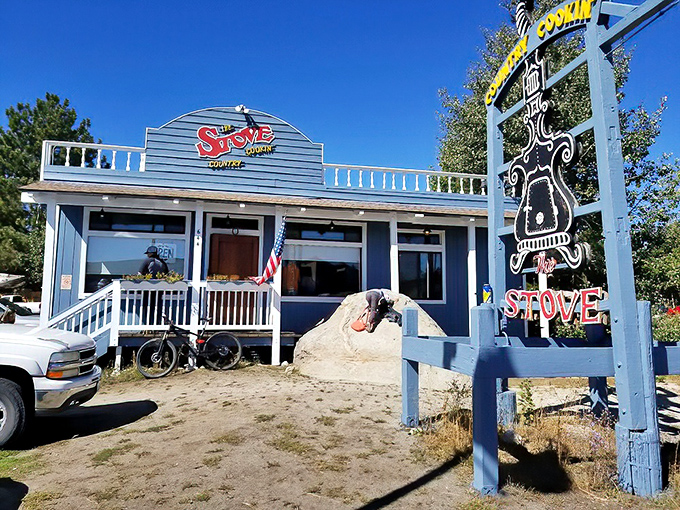 The little blue diner that could! The Stove's charming exterior promises mountain-sized flavors inside this Mammoth Lakes breakfast institution.