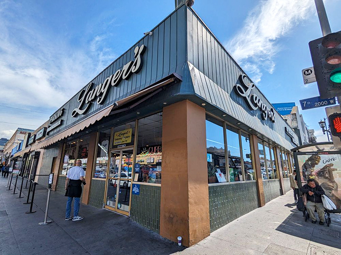 The iconic Langer's sign beckons like a lighthouse for the sandwich-starved. This unassuming exterior houses culinary treasures that have stood the test of time.