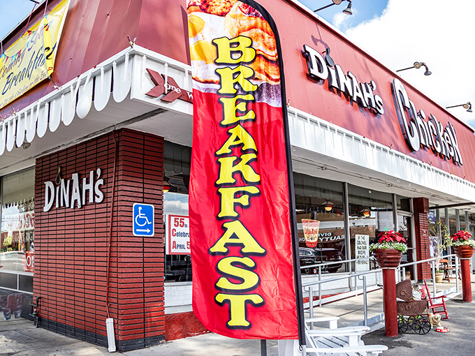 The bright red exterior of Dinah's Chicken stands like a beacon of comfort food salvation in Glendale, promising fried poultry paradise within.